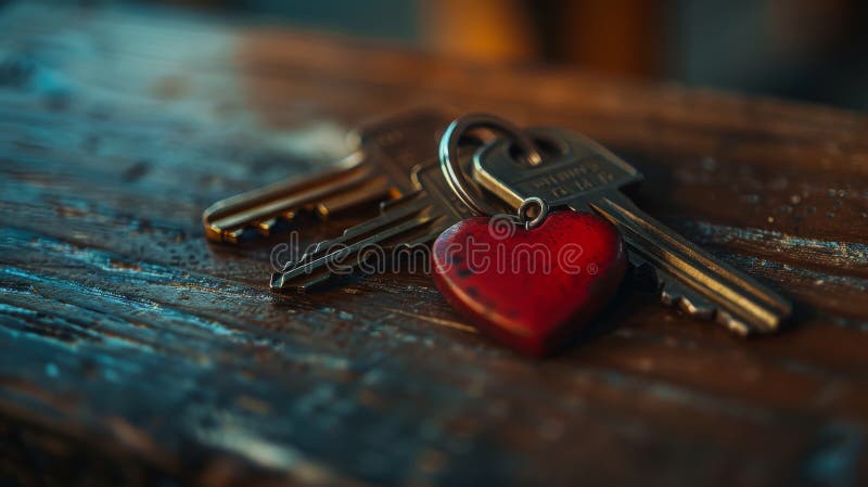 Symbols of Love and Security. a Red Heart and Keys on a Rustic Table ...