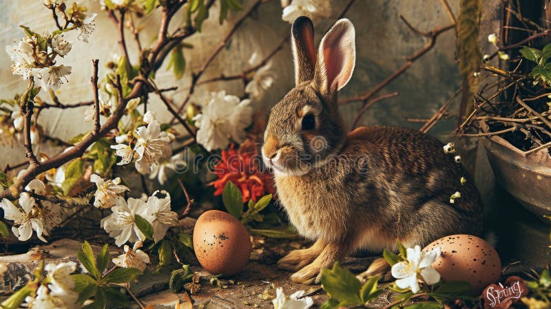 Symbols of Spring, Rabbit, Eggs and Blossoms, Springtime and Easter ...