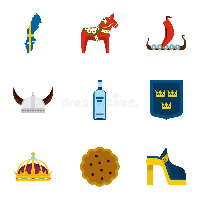 Symbols of Sweden Icons Set, Flat Style Stock Vector - Illustration of ...