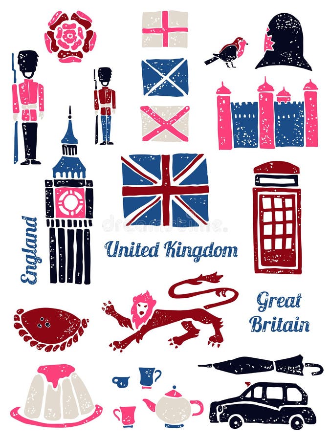 Symbols of UK Set in Lino Style Stock Illustration - Illustration of ...