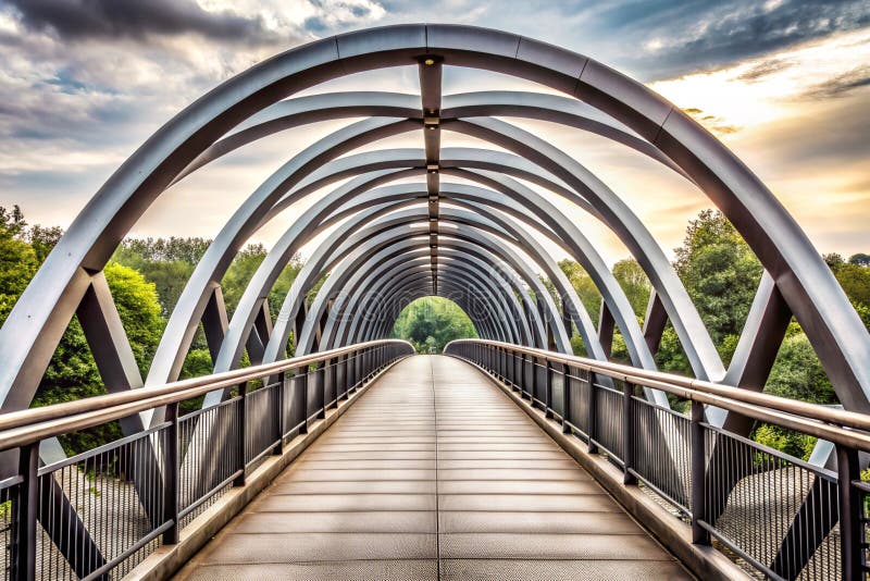 Symmetric Black and White Arched Footbridge with Concrete Floor and ...