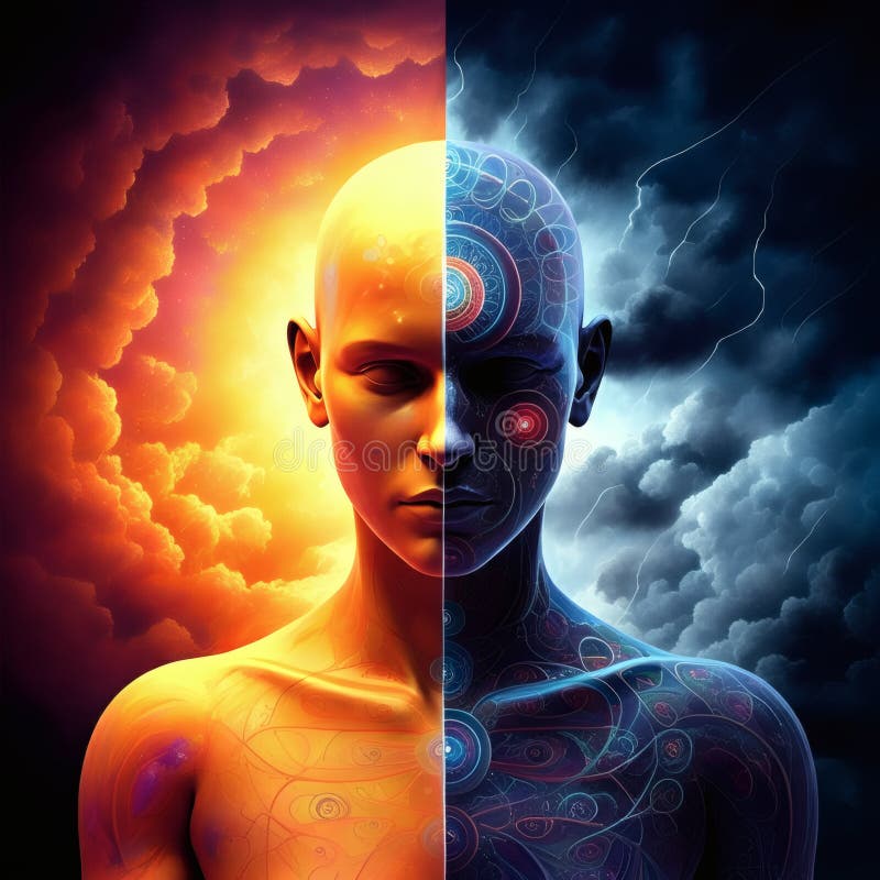 Symmetric Human Face Split between Fire and Storm Representing Balance ...