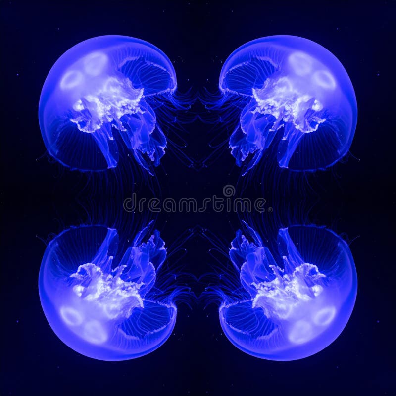 Symmetric Jellyfish Array in Dark Blue Water with Bioluminescent Glow ...