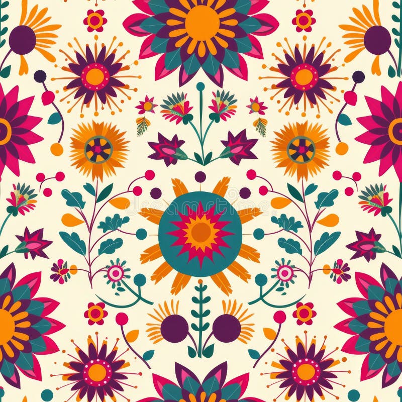 Symmetric Seamless Latin Pattern with Bold Floral Motifs and Dynamic ...