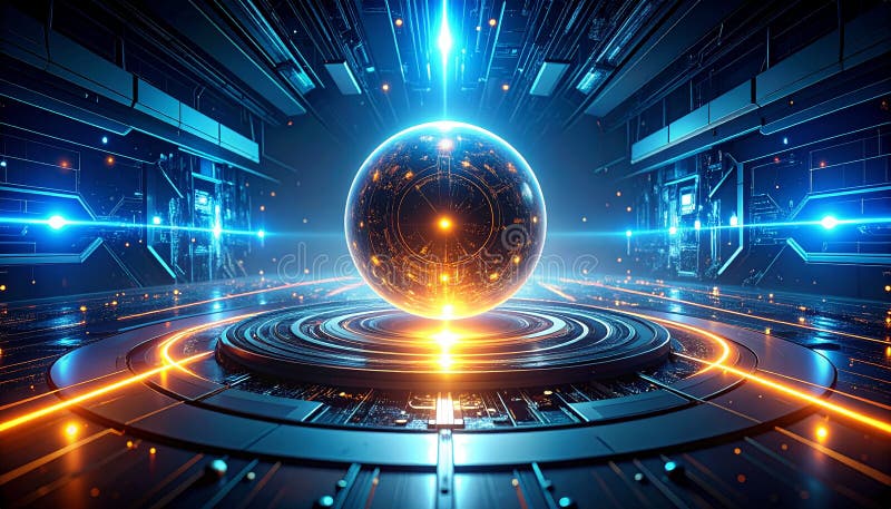 Symmetrical AI Core Sphere Suspended in Liquid Metal. AI Themed ...