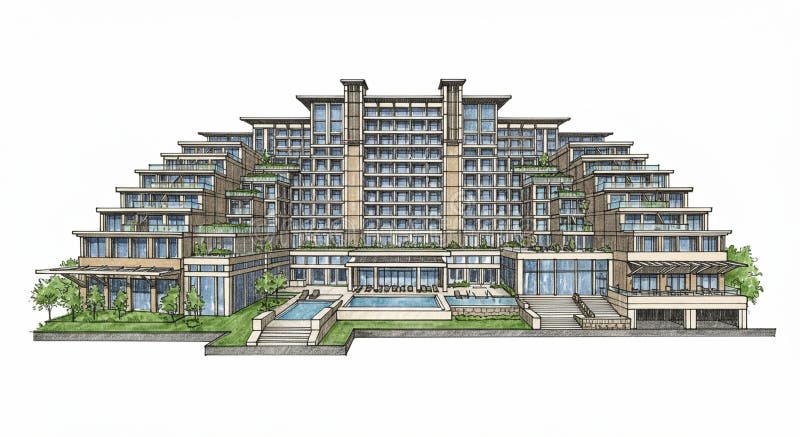 Symmetrical Architectural Drawing of a Modern, Multi-story Building ...