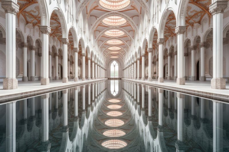 Symmetrical Architecture Mirrored in a Still Pool Stock Illustration ...