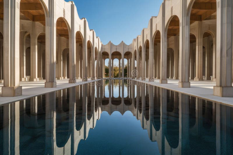 Symmetrical Architecture Mirrored in a Still Reflecting Pool Stock ...