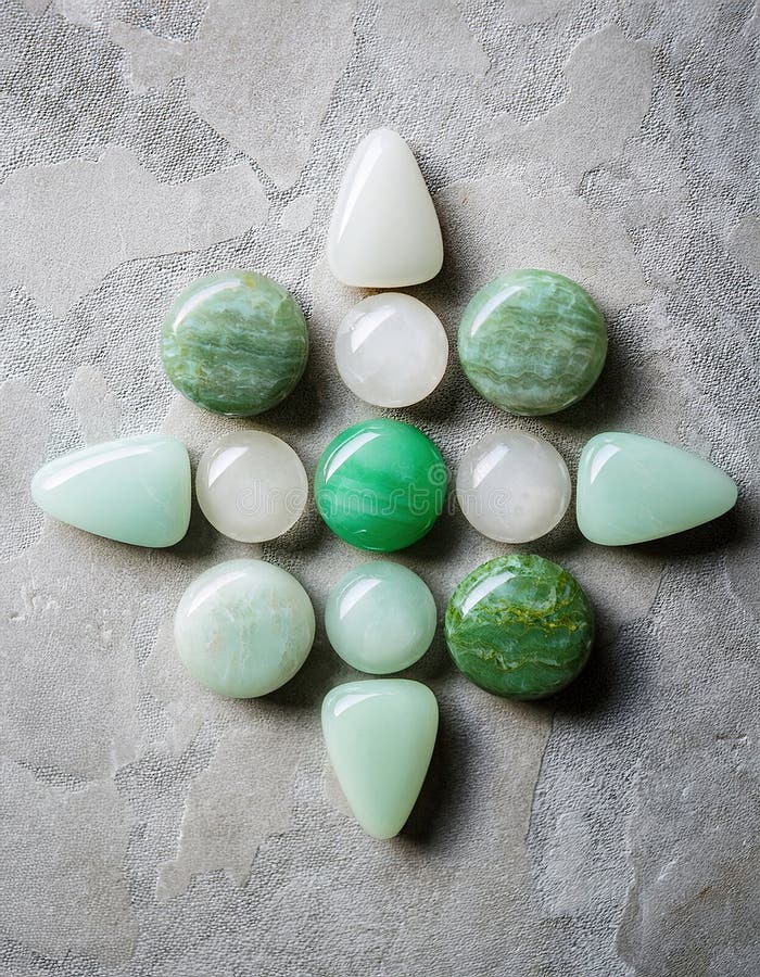 Symmetrical Arrangement of Assorted Jade Pieces on Textured Concrete ...