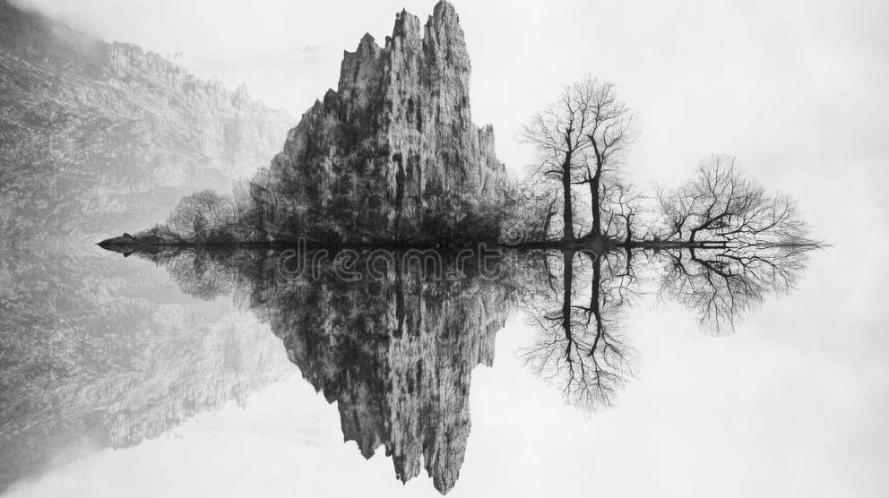 Symmetrical Black and White Reflection of Trees and Landscape in Water ...