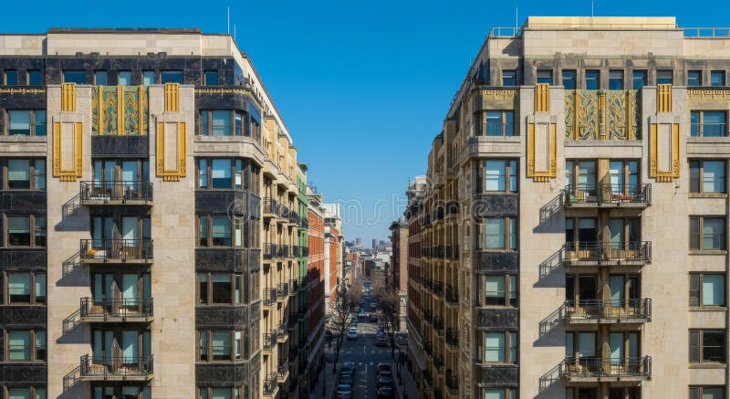 Symmetrical City Buildings with Geometric Facades Stock Illustration ...