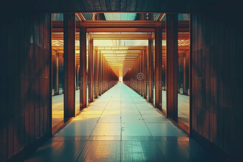 Symmetrical Corridor with Warm Light and Geometric Patterns AI Stock ...