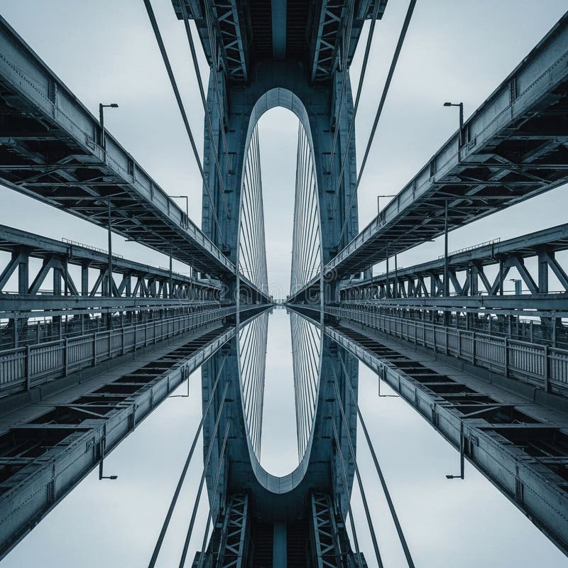 Symmetrical Depiction of a Steel Suspension Bridge with Mirrored ...