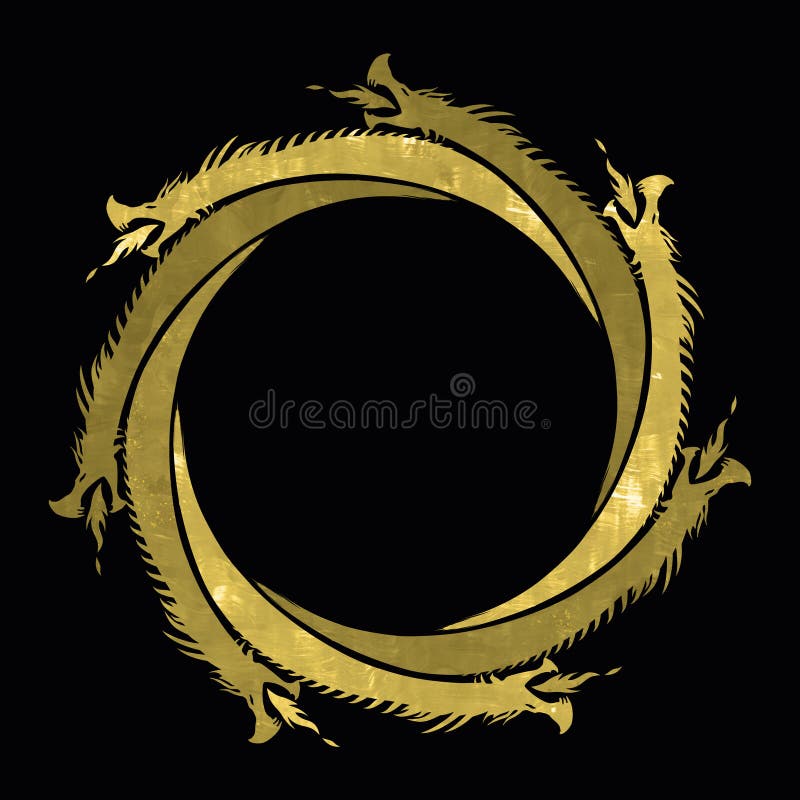 Symmetrical Design of Golden Dragons Forming a Circle, Representing ...