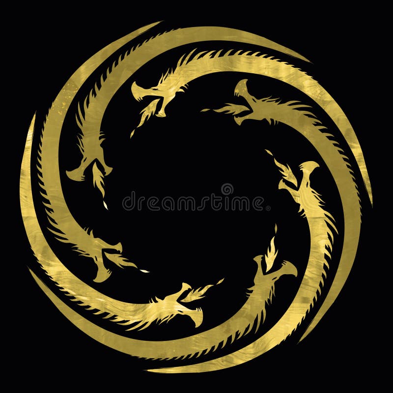 Symmetrical Design of Golden Dragons Forming a Circle, Representing ...