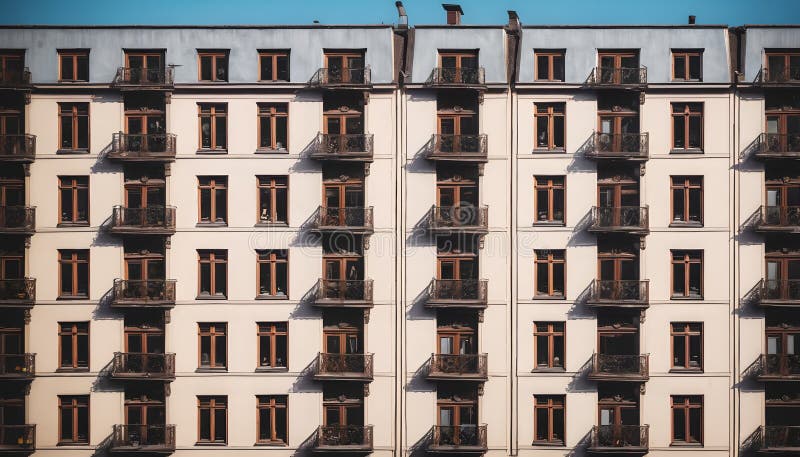 Symmetrical Facade of Apartment Building with Wrought Iron Balconies ...