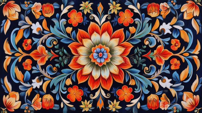 A Symmetrical Floral Design with a Central Flower and Repeating ...