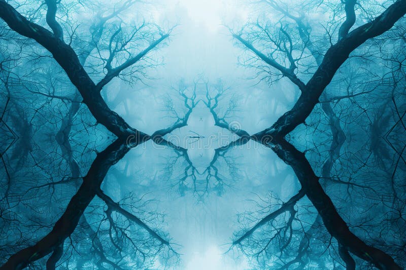 Symmetrical Forest Reflection in Mist Stock Illustration - Illustration ...