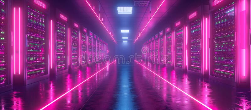 Symmetrical Futuristic Corridor in Hightech Data Center with Server ...