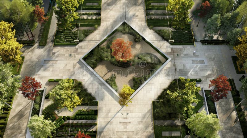 A Symmetrical Garden Design Featuring a Central Square and Four ...