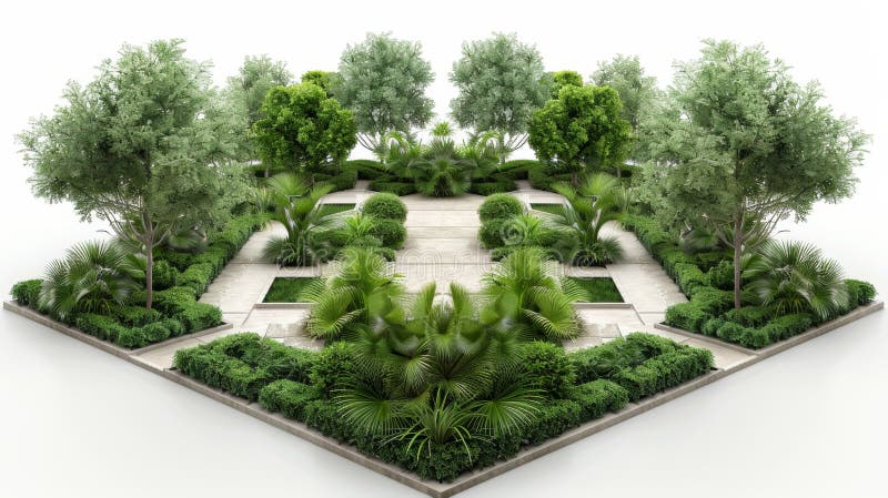 A Symmetrical Garden with Lush Greenery and Trees, Featuring a ...