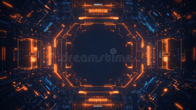 Symmetrical Glowing Tech Shapes in Front View with Copy Space on Stock ...