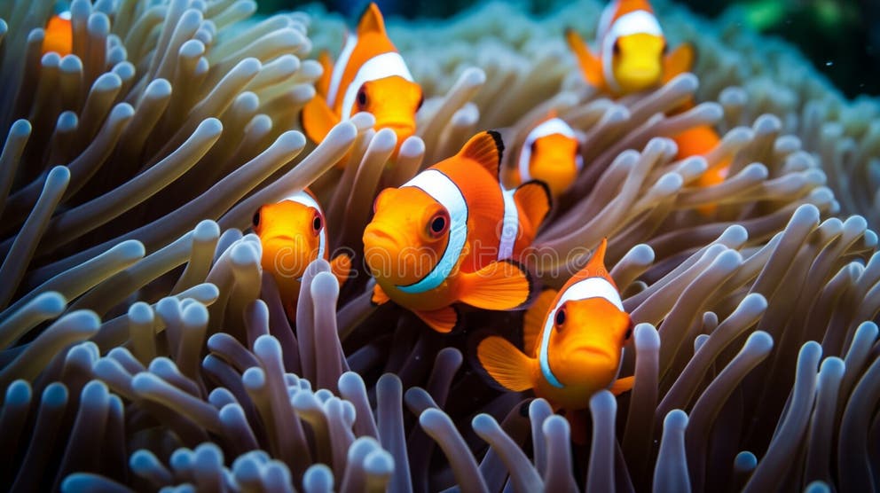 A Symmetrical Composition Featuring Multiple Clownfish Nestled in ...