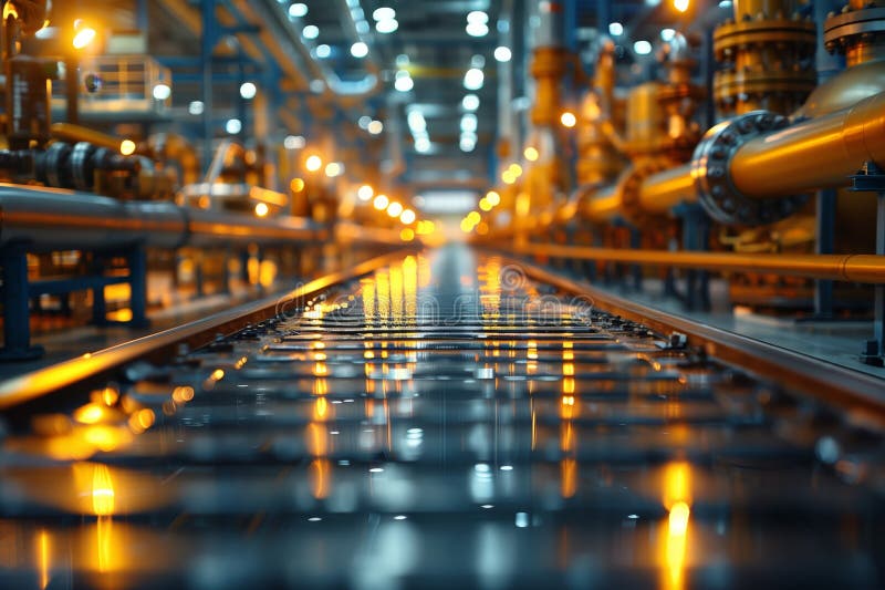 Reflective View of Industrial Pipes and Lights Stock Image - Image of ...