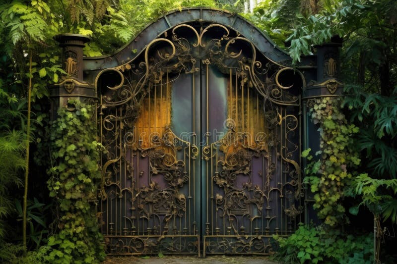 Symmetrical Iron Gate in Front of Ivy-covered Fence Stock Illustration ...