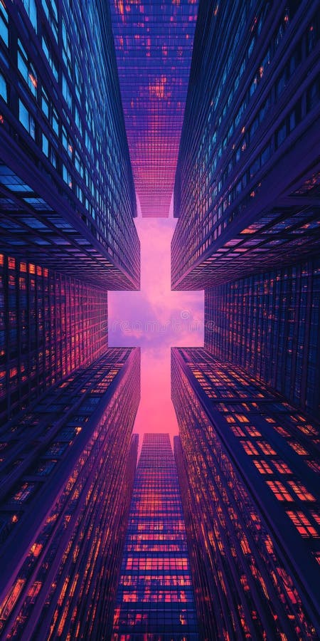 Symmetrical Layout of Synthwave-inspired Skyscrapers Stock Illustration ...