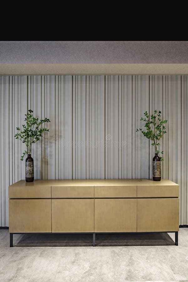Symmetrical Modern Interior with a Beige Sideboard Against a Fluted ...