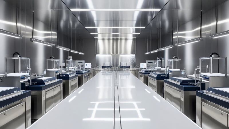 Symmetrical Modern Laboratory Interior with Metallic Surfaces Stock ...