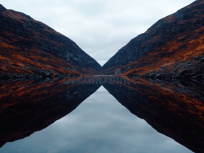 Symmetrical Mountain Reflection in Tranquil Lake Under Cloudy Sky ...
