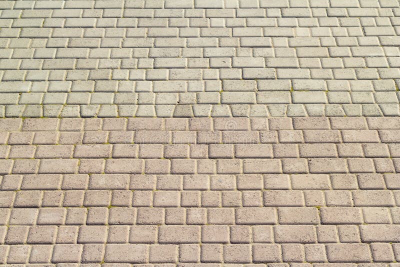Symmetrical Pattern of Sidewalk Tile with Green Moss .Grey Pavement ...