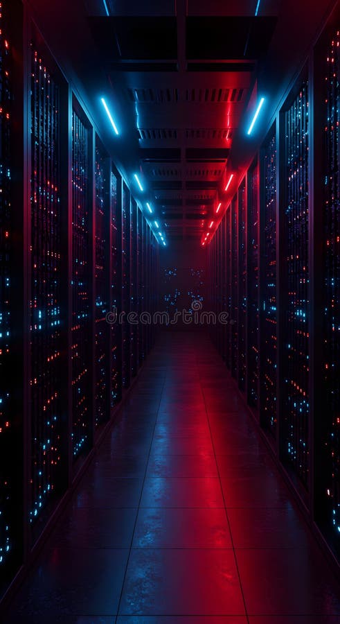 Server Room Corridor with Glowing Blue and Red LED Lights Stock ...