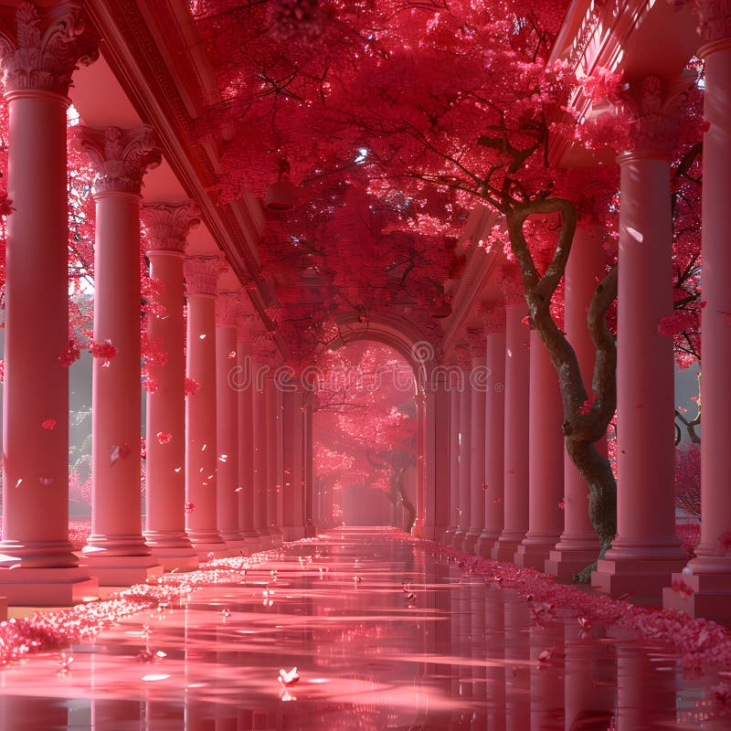 Symmetrical Pink Columns Frame Red Trees in a Beautiful Artistic ...