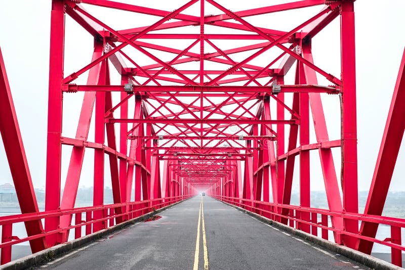 Symmetrical Red Steel Structure Construction of Bridge and Road in ...