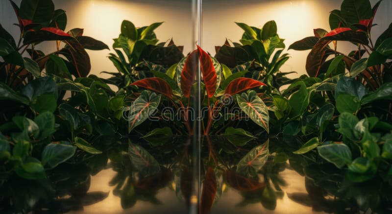 Symmetrical Reflection of Lush Green and Red Plants Stock Illustration ...