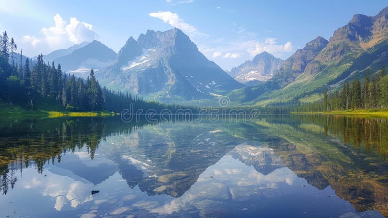 Symmetrical Reflection Mountain Lake Mirrors Towering Peaks and Sky at ...