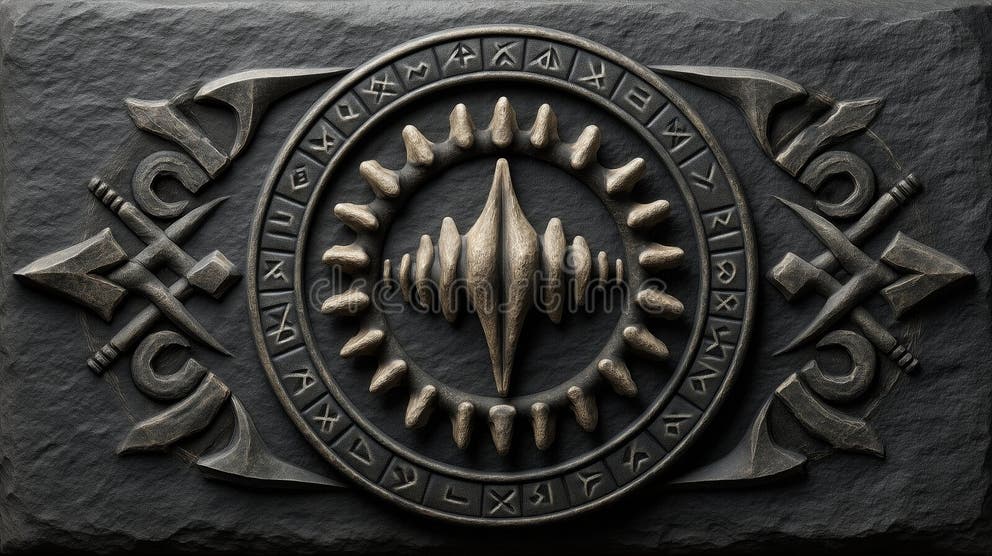 Seamless Radial Pattern of Stylized Vertebrae and Runes Carved in Dark ...