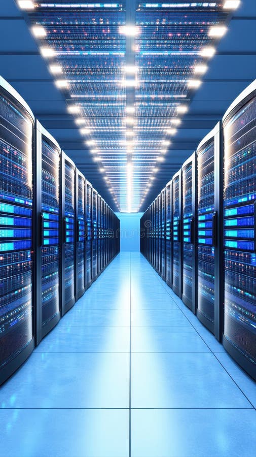 A Symmetrical Row of Computer Server Racks Stretches into the Distance ...