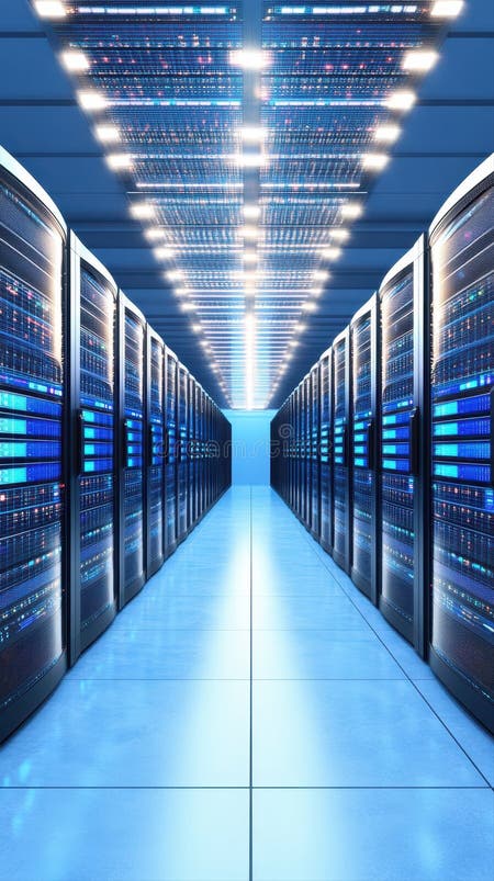 A Symmetrical Row of Computer Server Racks Stretches into the Distance ...