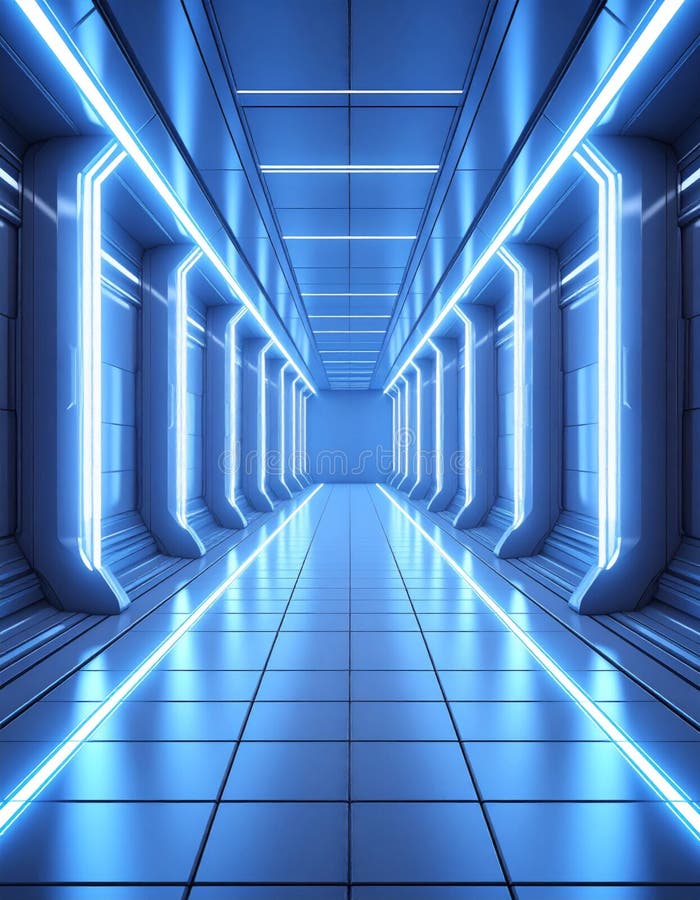 Symmetrical Sci Fi Corridor with Blue Neon Lights in Modern Interior ...