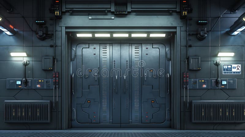 Symmetrical Sci-fi Gate Steel Door with Complex Closing Mechanism Stock ...