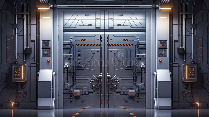 Symmetrical Sci-fi Gate Steel Door with Complex Closing Mechanism Stock ...