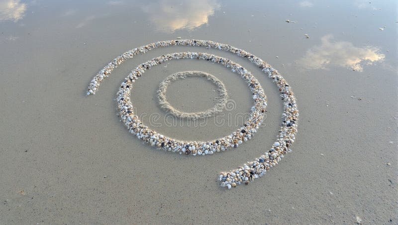Symmetrical Seashell Spiral on Wet Beach Sand Under Amber Sky ...