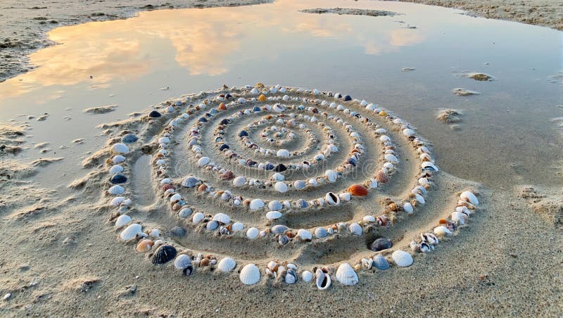 Symmetrical Seashell Spiral on Wet Beach Sand Under Amber Sky ...