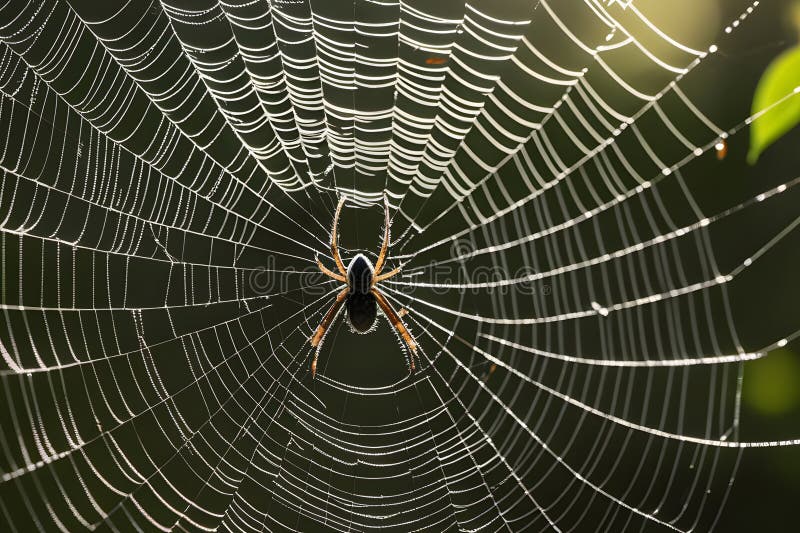 A Symmetrical Spider Web with a Large Black Spider in the Center Stock ...