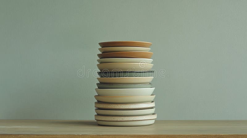 Symmetrical Stack of Ceramic Dinner Plates in Neutral Colors Background ...