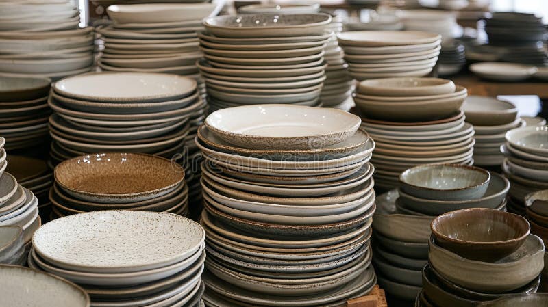 Symmetrical Stack of Ceramic Dinner Plates in Neutral Colors Background ...